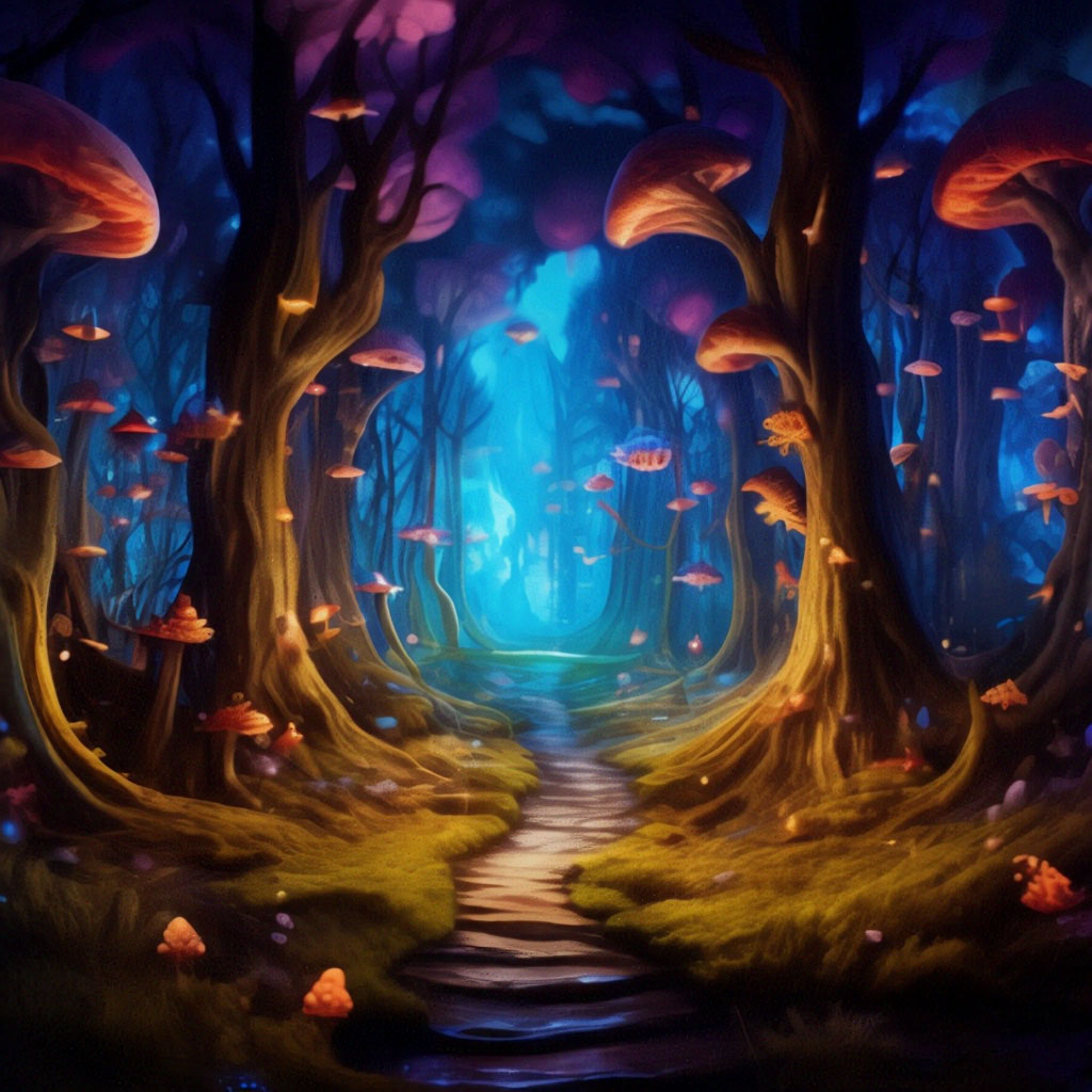 "A magical fairy-tale forest with forest spirits in the style of a book ...