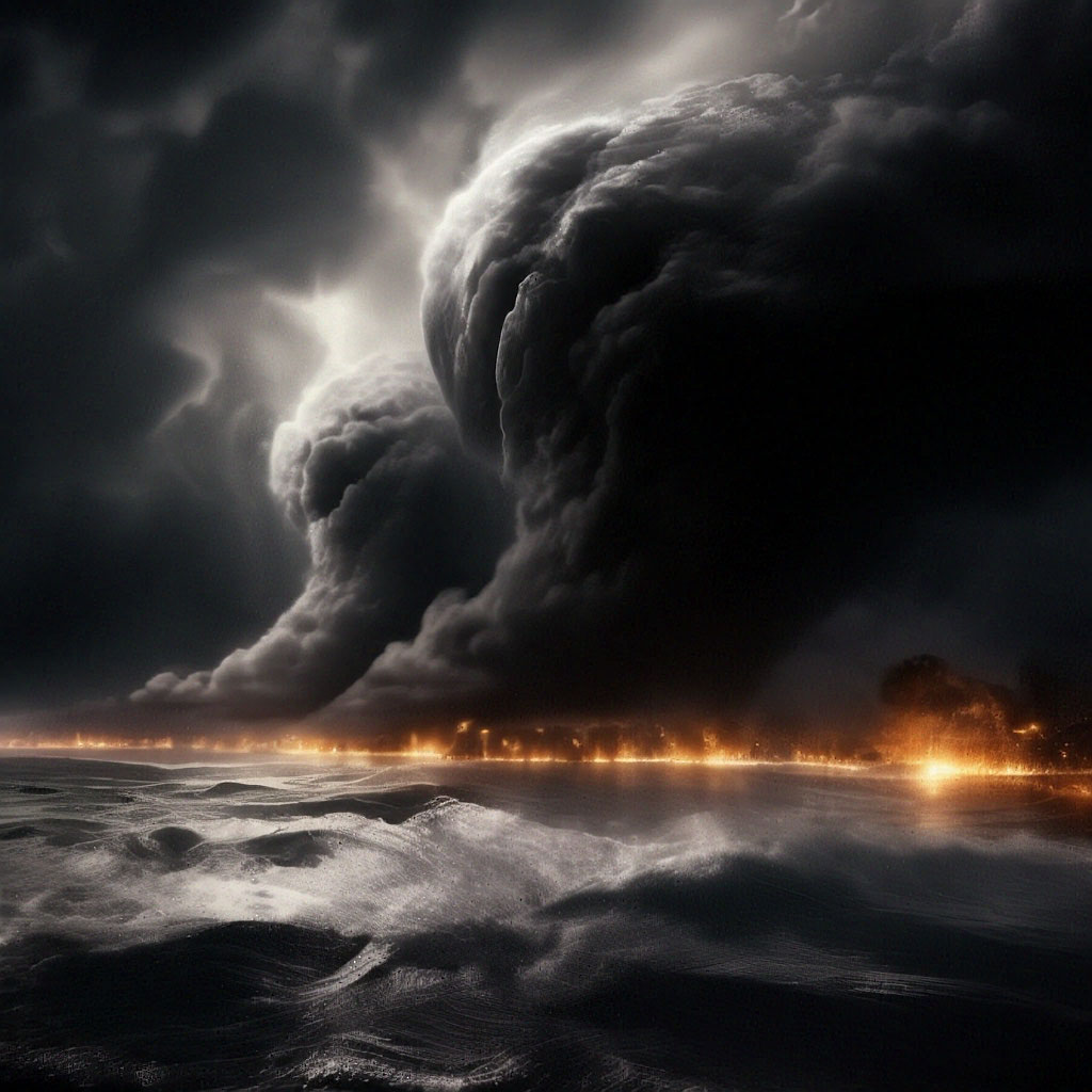 "Huge black tsunami,lightning, stormy sky" — image created in Shedevrum