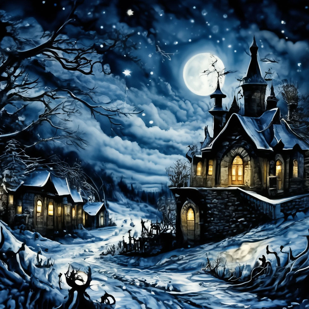 ". terrible night blizzard moon fairy tale, watercolor, ink drawing ...