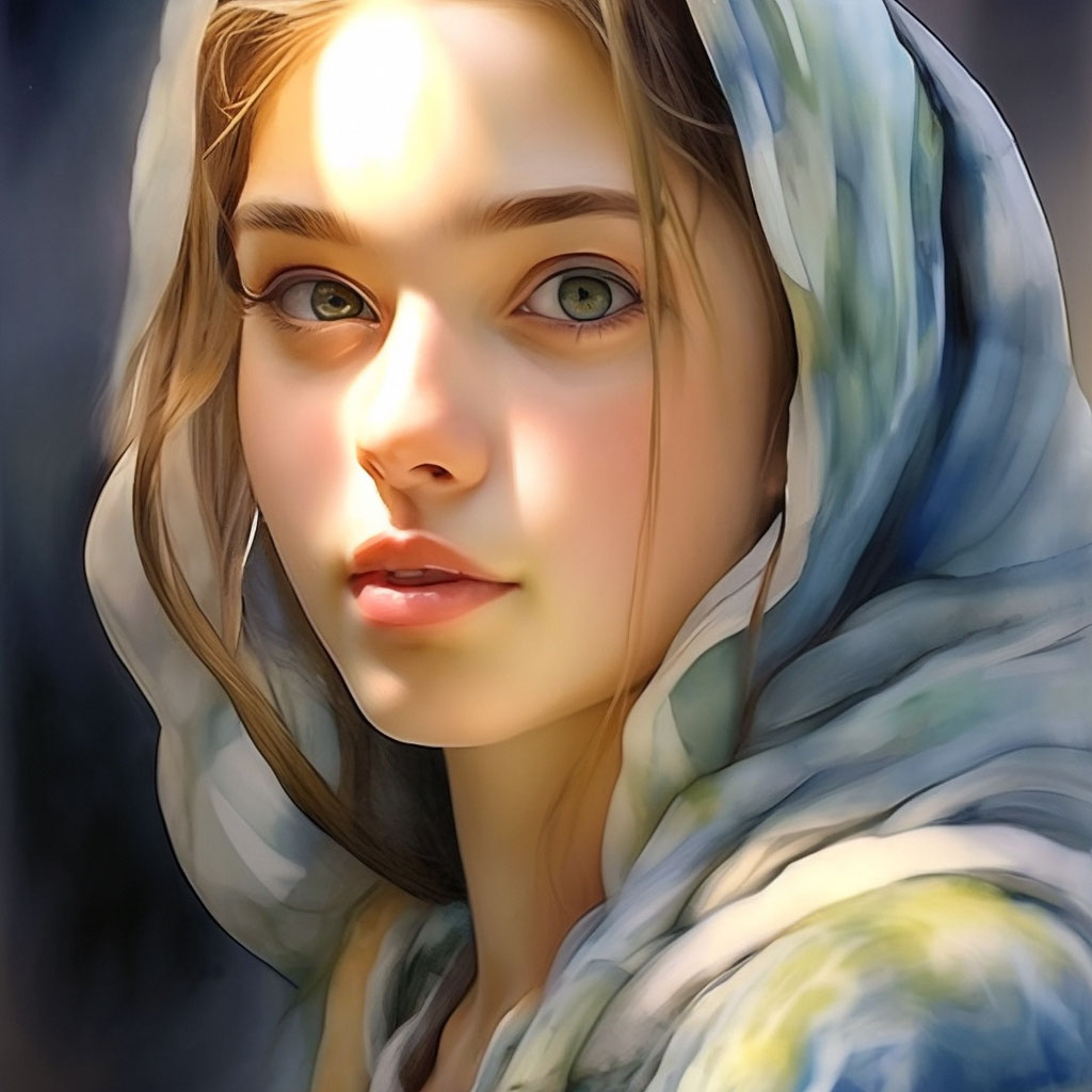 "The girl is walking,light from the eyes, muslin watercolor, clear ...