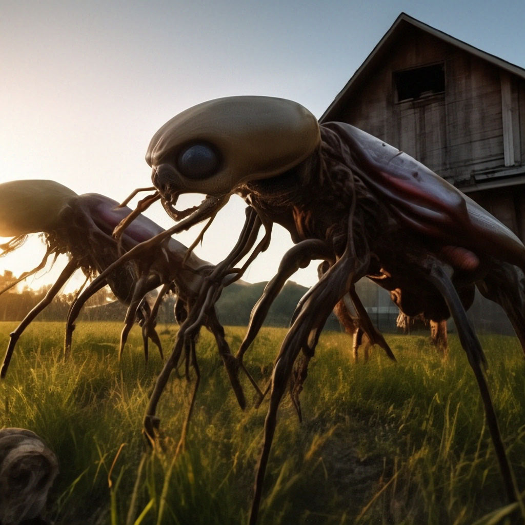"Insect-like aliens on an abandoned farm, the future, sunny day, horror ...