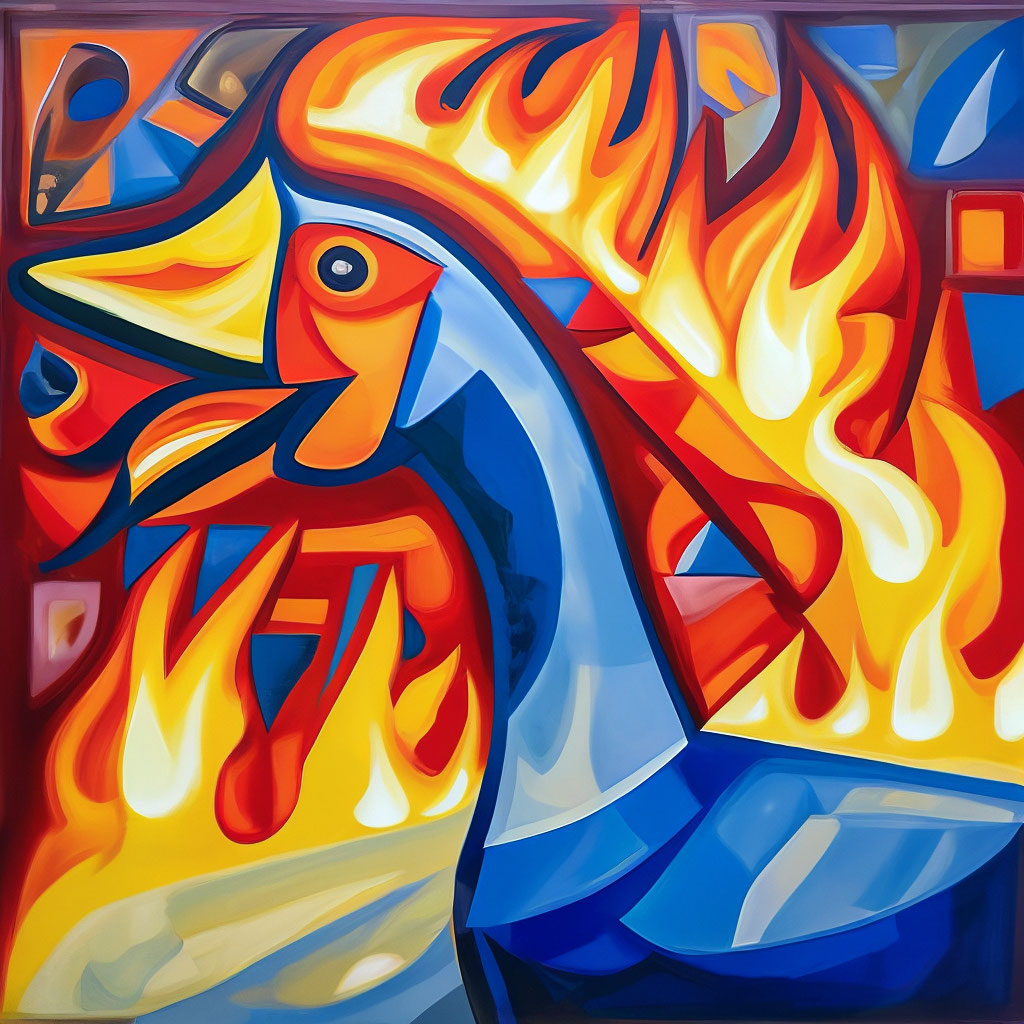 "A fire-eating goose, in the style of Picasso" — image created in Shedevrum