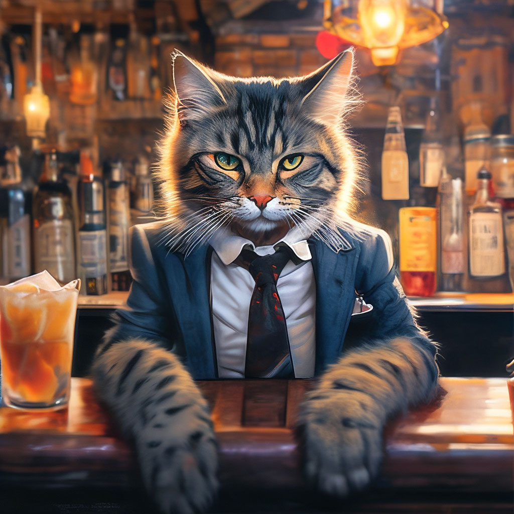 "Serious cat in the bar" — image created in Shedevrum