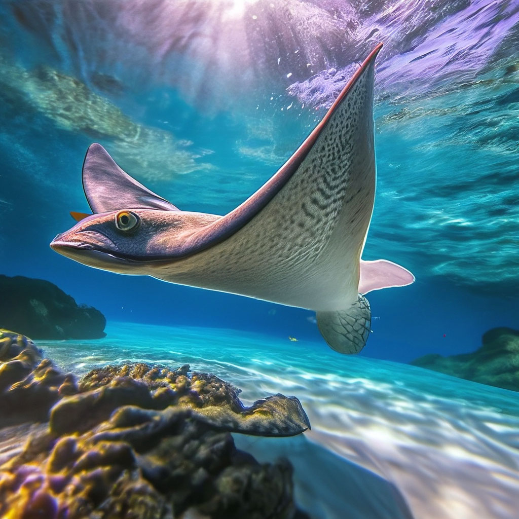 "Ocean world a huge stingray flies in the ocean, aesthetically pleasing ...