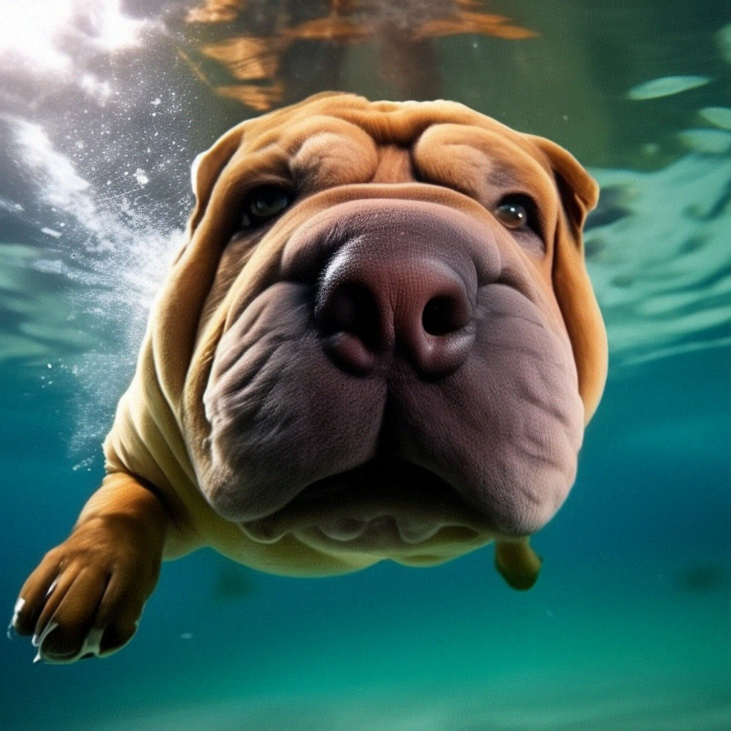 "Spherical underwater dog sharpey" — image created in Shedevrum