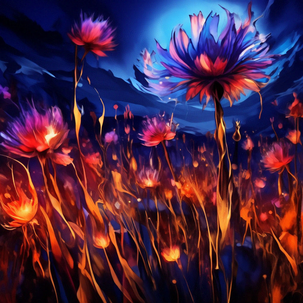 "Night cornflower field flowers close-up. Warm Volumetric light, Dim ...
