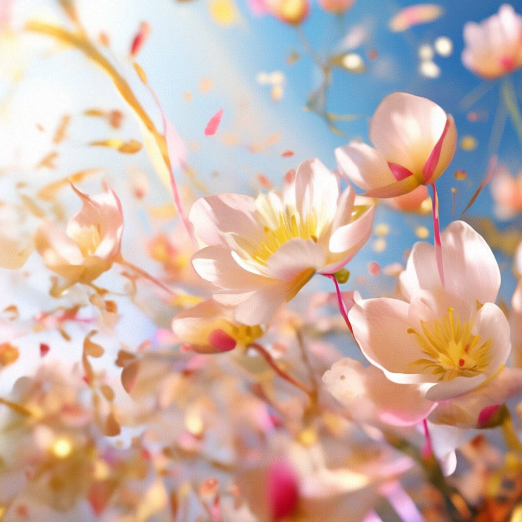 "32k, spring flower wind, pale yellow mint and pink petals flying in ...