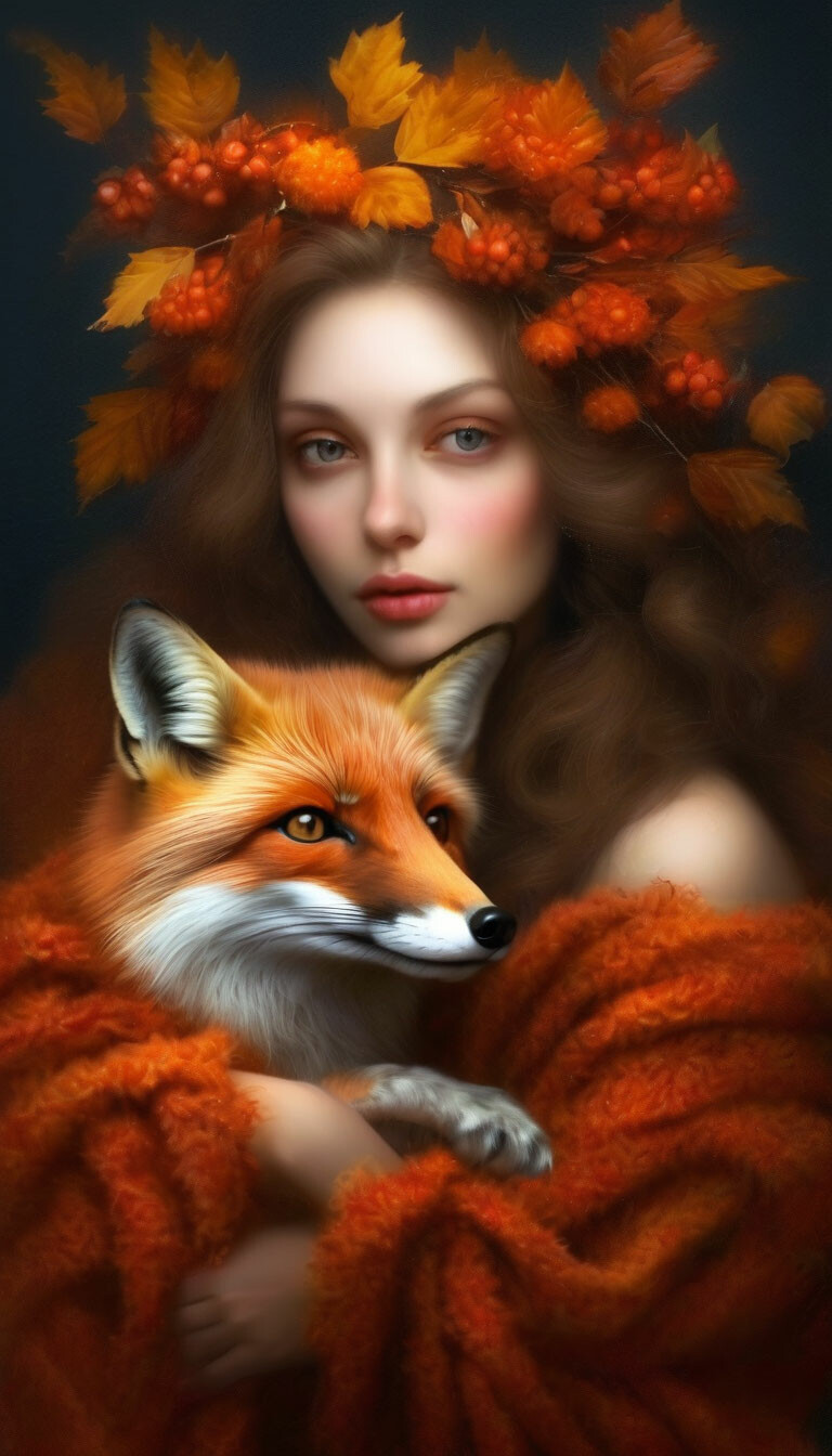 "The luxurious goddess of autumn gently holds a fluffy fox in her arms ...