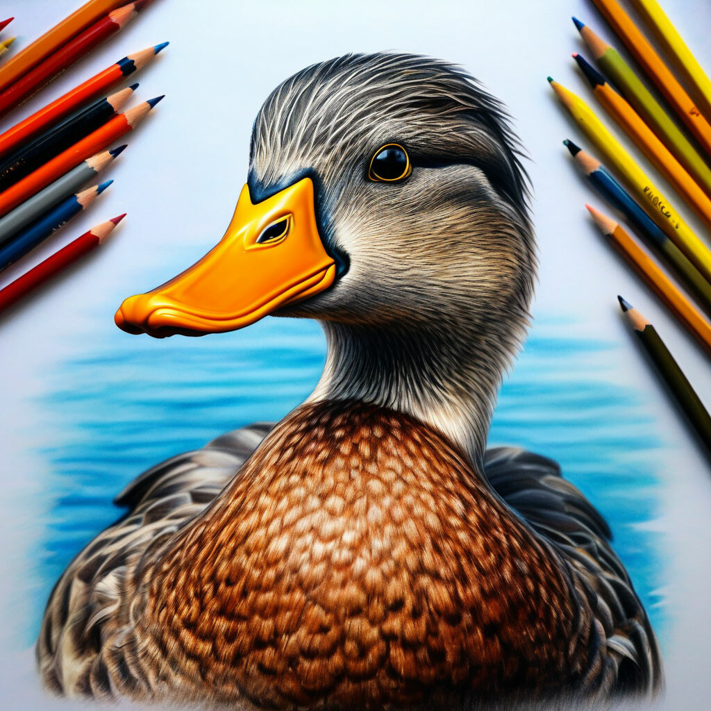 "I drew a duck with colored pencils , realistic, professional photo, 4k ...