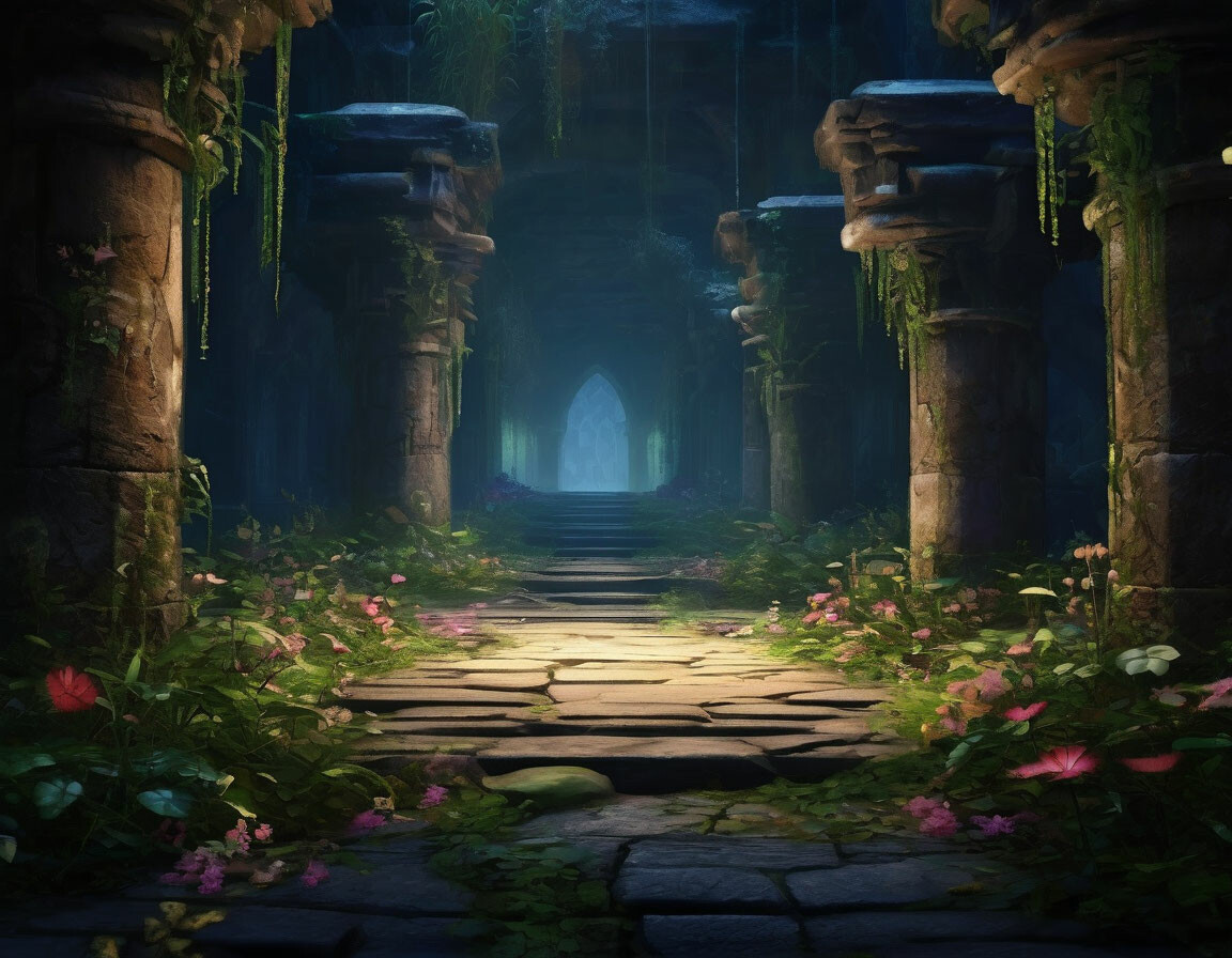 "The dark dungeon is strewn with flowers and plants, and there is a ...