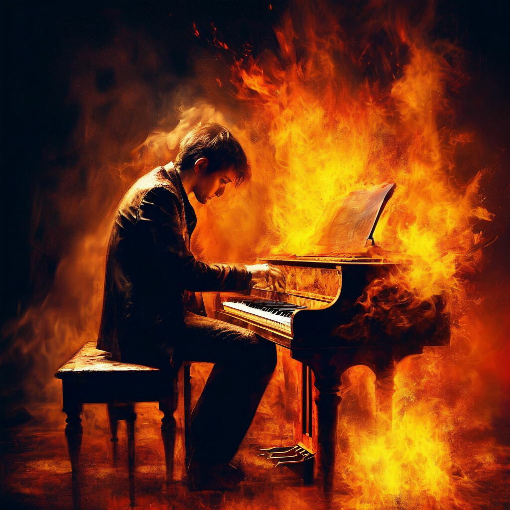 "Burning Melody Man on fire playing piano, grunge, painting" — image ...