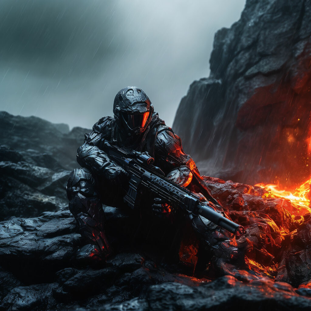 "A sniper in armor of the future color lava camouflage and in a cape ...
