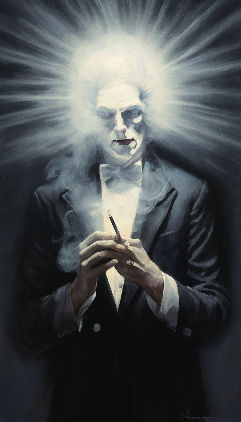 "An aesthetically decadent ghost smoking a cigar, soaked in smoke rings ...
