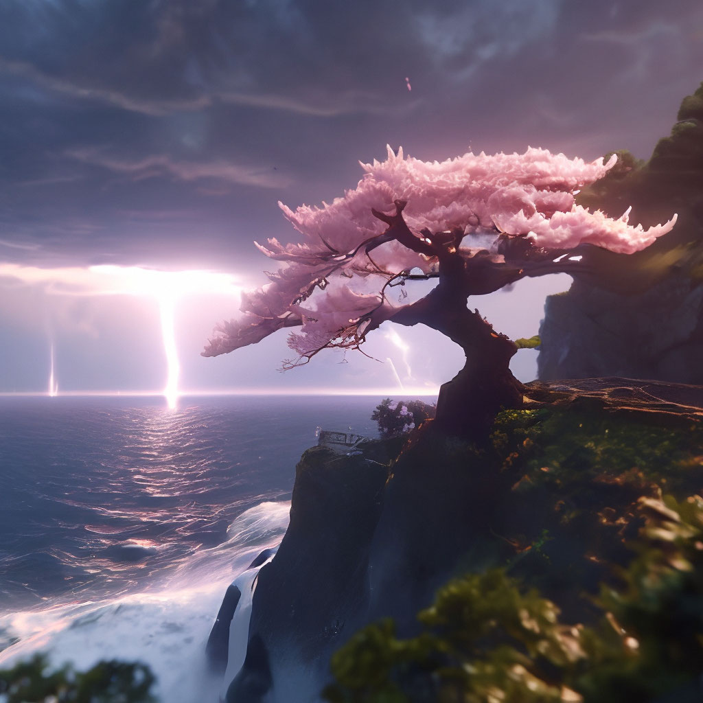 "Sakura tree on a steep cliff. There's an ocean below. A lot of ...