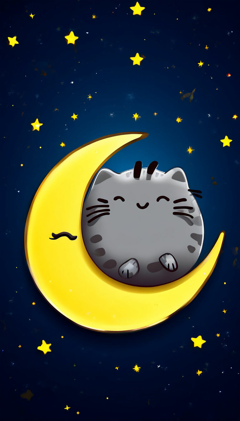 "Side view, cute, chubby pusheen sleeps on a large luminous crescent ...