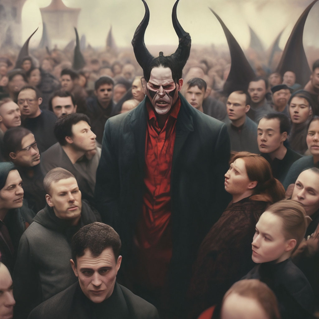 "A demon among a crowd of people" — image created in Shedevrum
