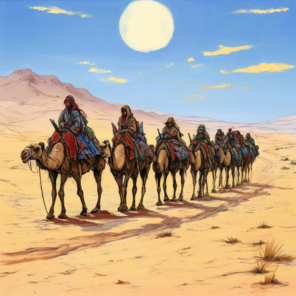 "Colored ink drawing, a caravan of nomads on camels in the desert, the ...