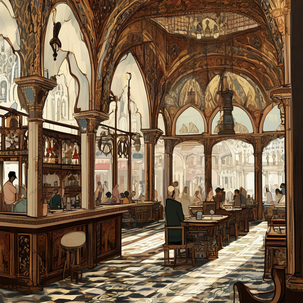"An old large luxurious Turkish coffee shop based on Bilibin's ...