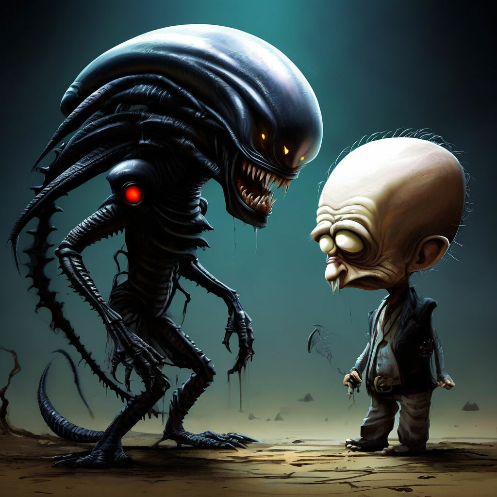 "Alien vs Predator funny, caricature, Tim Burton style" — image created ...