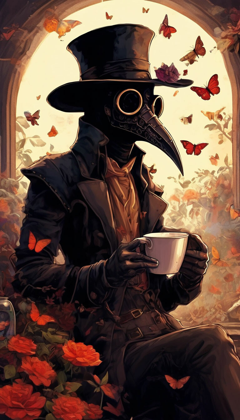 "☕🤍 Plague doctor, steampunk, drinking coffee,flowers,butterflies,beautiful perspective ...
