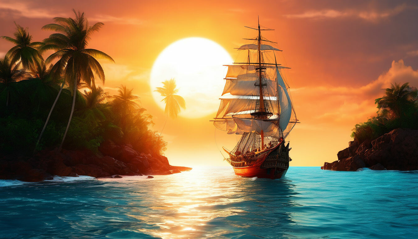 "A brigantine with scarlet torn sails enters the bay of a tropical ...