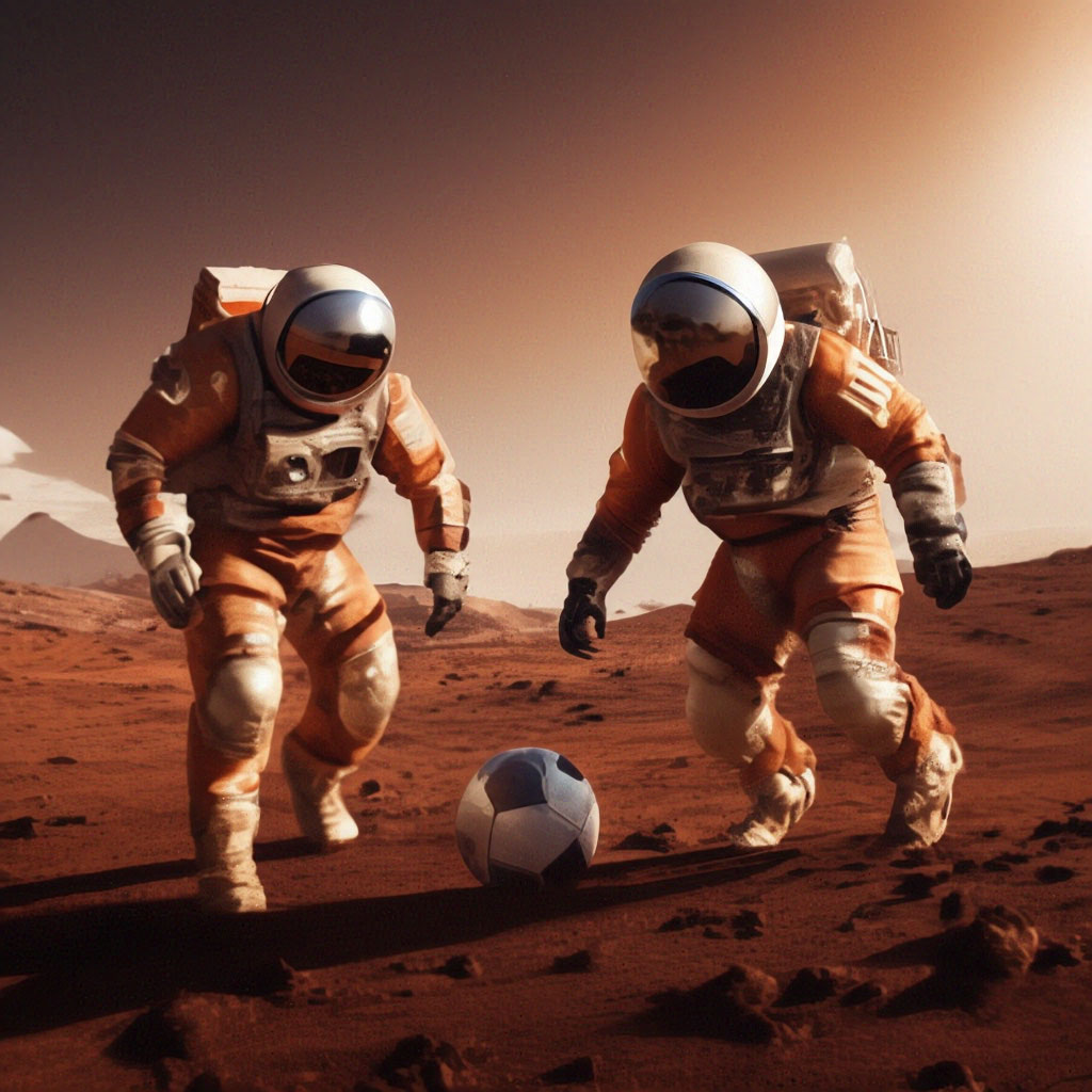 "Football players in a spacesuit play football on Mars" — image created ...