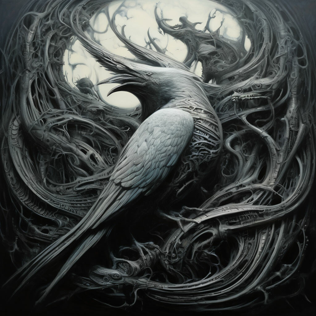 "The painting plunging into chaos animals birds Giger" — image created ...