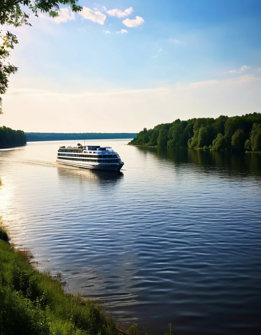 "From afar for a long time The Volga River flows a white steamer on the ...