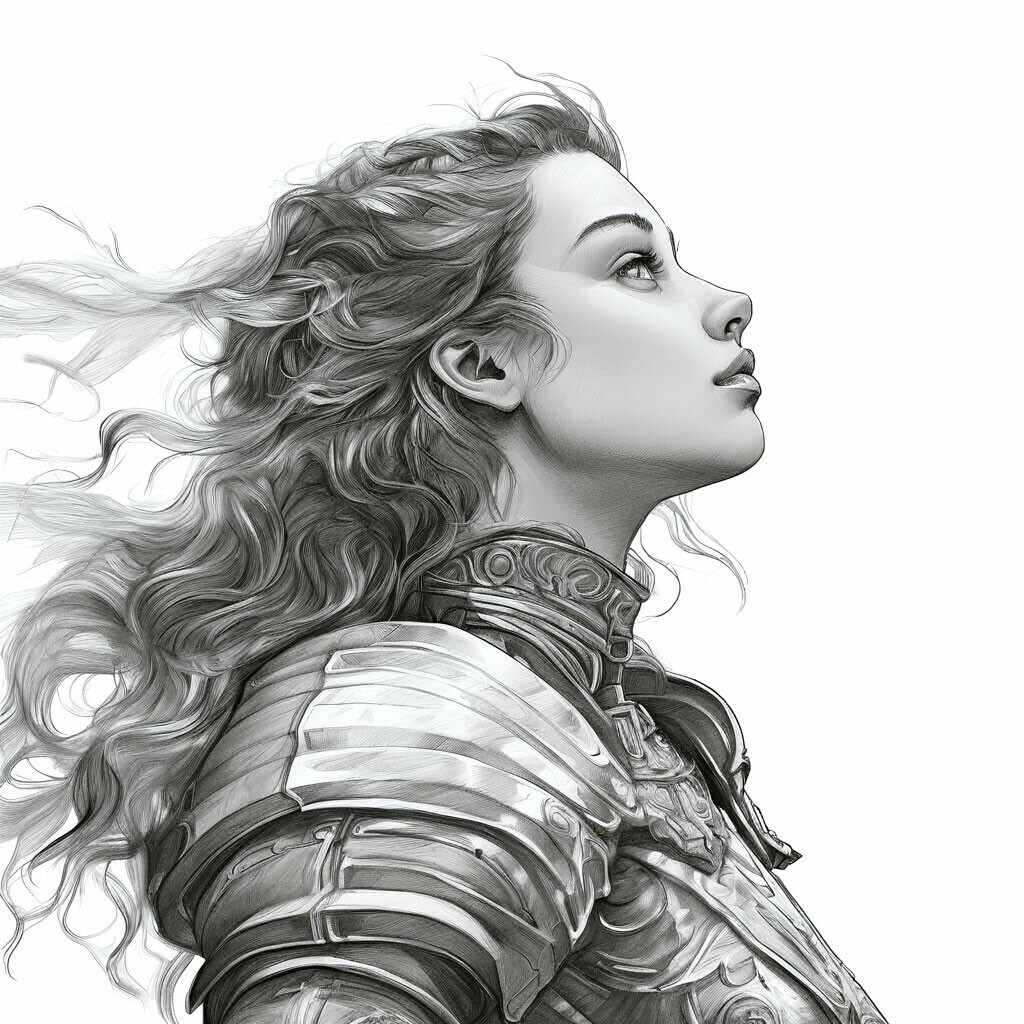 "Outline drawing, a girl in armor in profile, looking up" — image ...