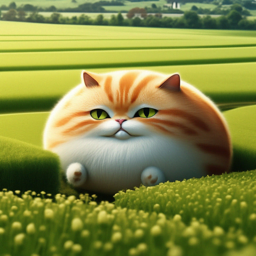 "The fabulous world of round cats. lots of greenery and fields, lots of ...
