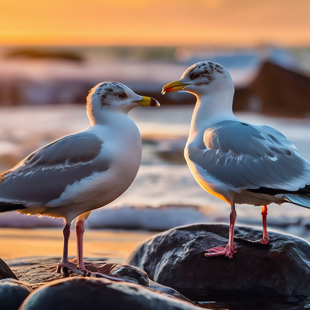 "Sunset wet rocky ocean shore ,two seagulls sitting on a stone, close ...
