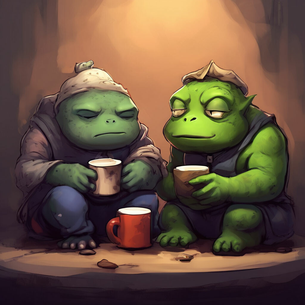 "🖤 Sleepy toad and orc drink coffee" — image created in Shedevrum