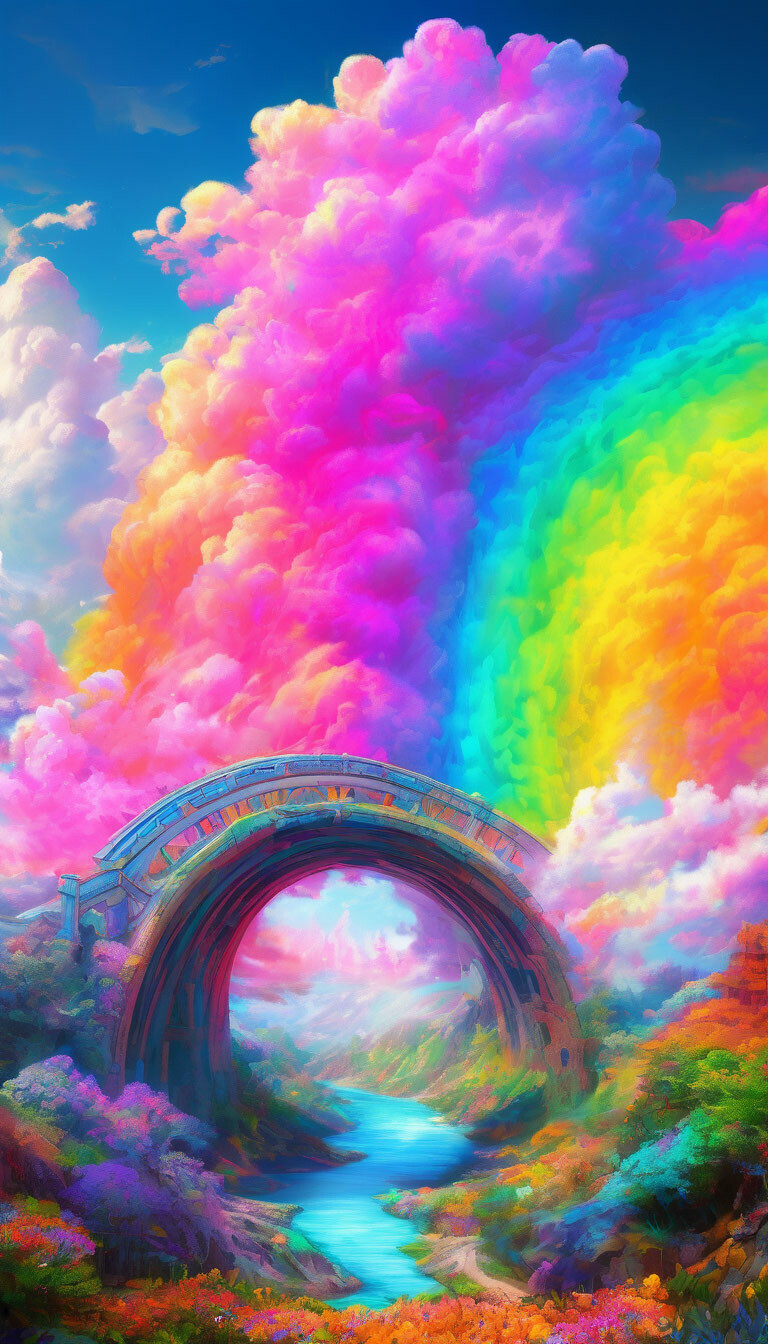 "Rainbow bridge, psychedelic clouds, extremely detailed fantasy @liaru ...