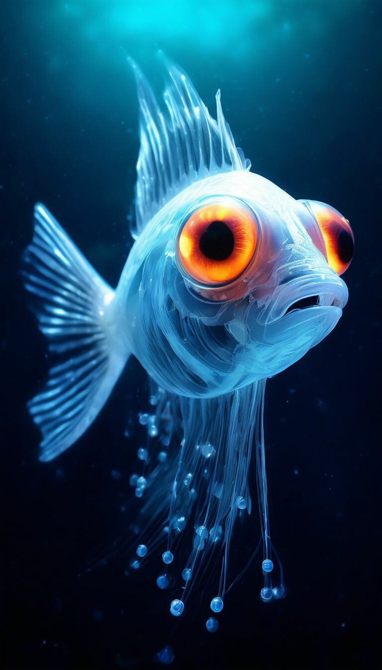 " Bright ocean floor, transparent deep-sea fish with huge human eyes ...