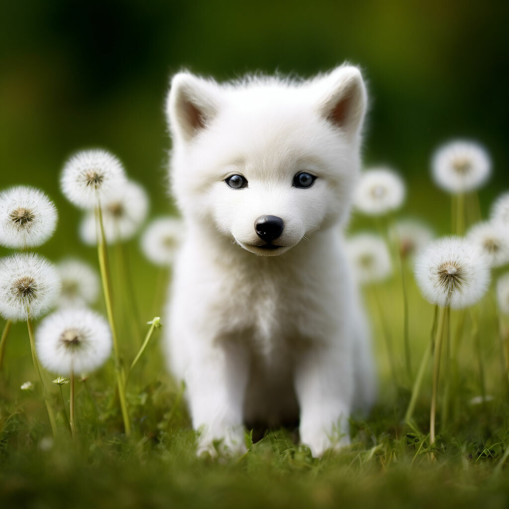 "A white fluffy wolf cub in full growth in a clearing with white ...