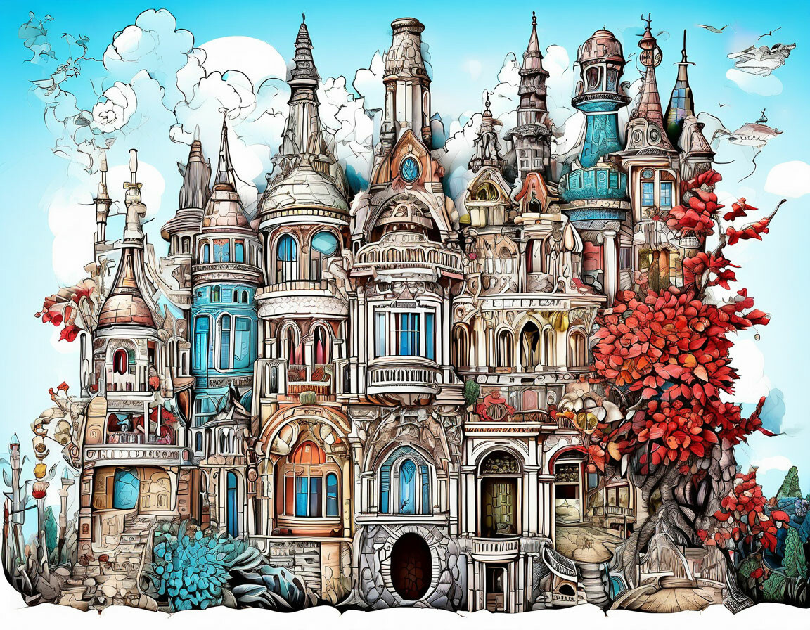 "Utopia, fantasy, architectural drawing, coloring book style coloring ...