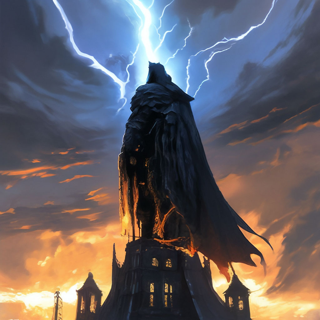 "From afar, side view, Spawn profile stands on the Bell tower a Gothic ...