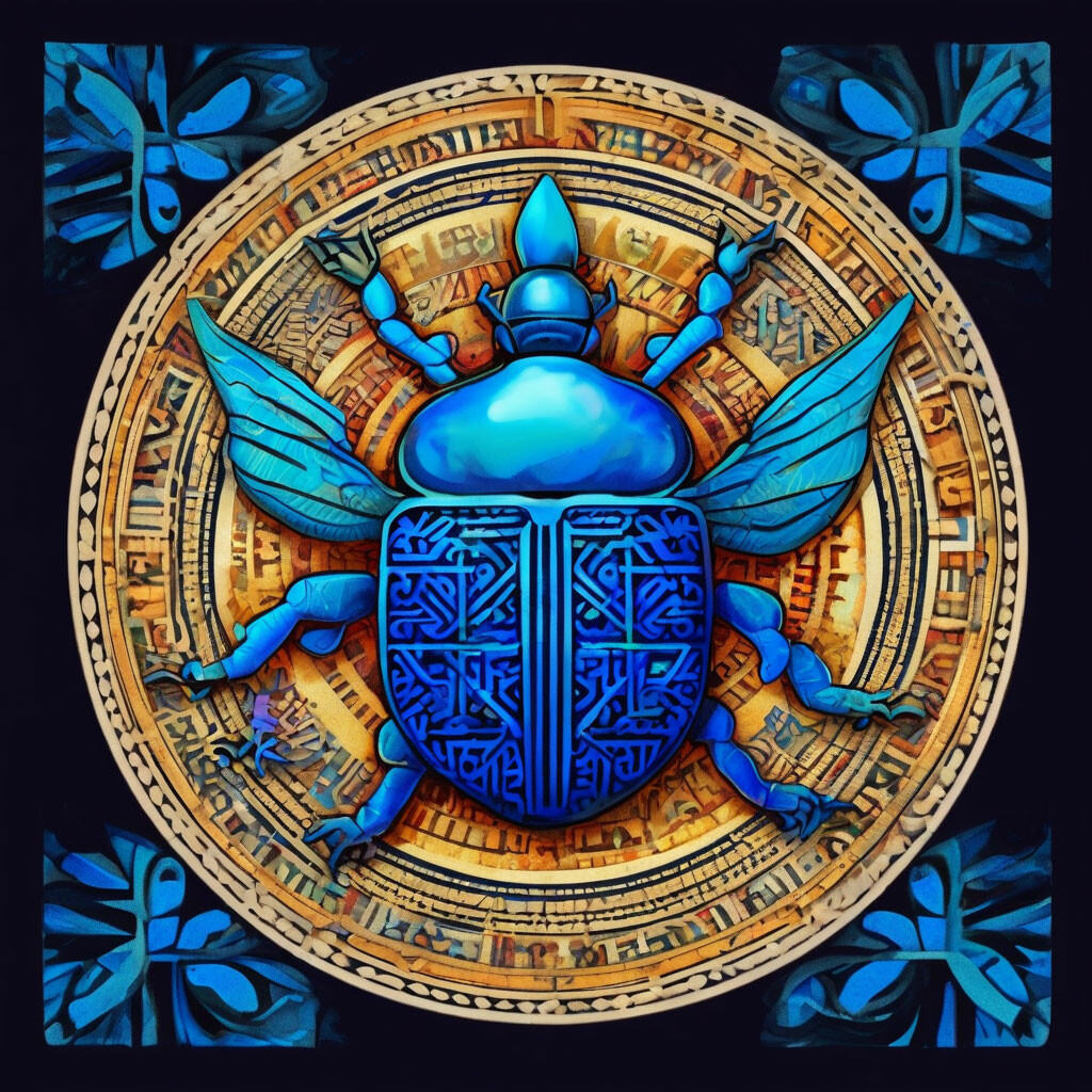 "🔸 Aztec-style color illustration, beautiful indigo shimmering scarab ...
