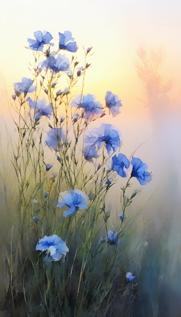 flax flowers, grass ,Russian nature, summer ,dawn dawn mist haze ...