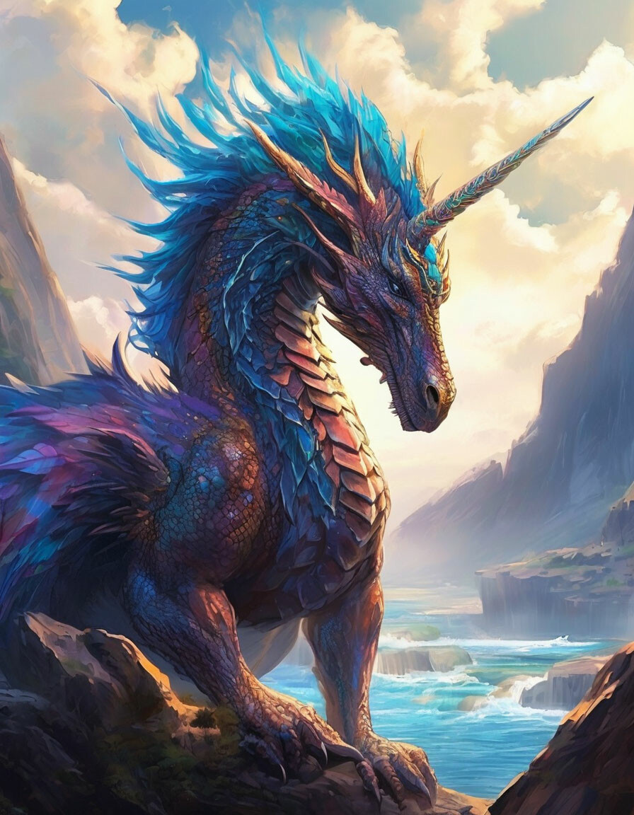 "Magic dragon + unicorn, mountain river, waterfall, secret magic, flame ...