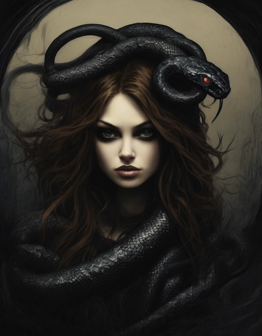 "🖤🖤🖤 A very beautiful brown-haired woman has a snake wrapped around her ...