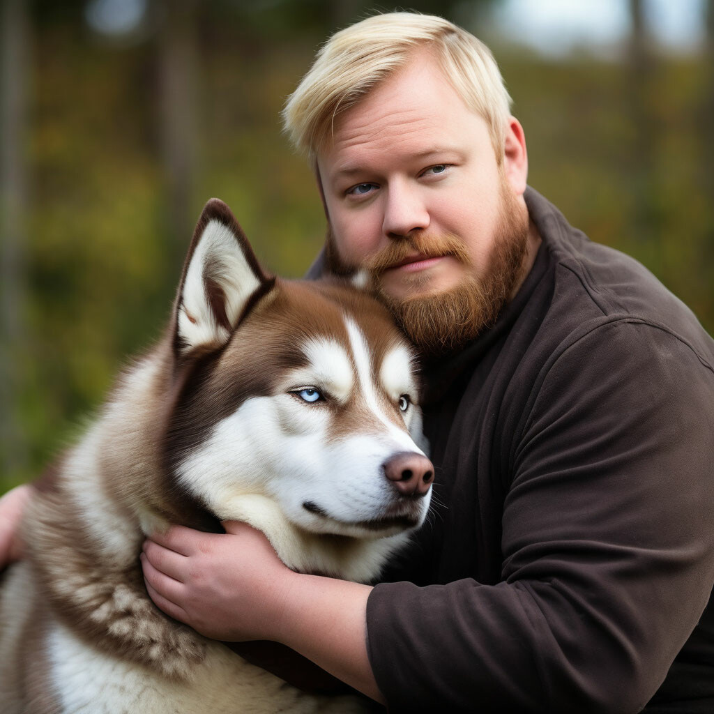 "A fat blond man with a small beard hugs a brown husky" — image created ...