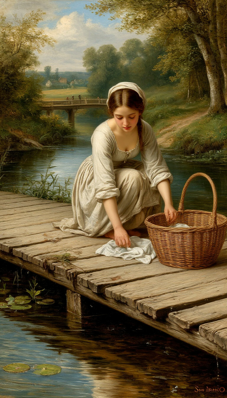 "Oil, vintage drawing. A beautiful 17th century peasant girl in a close ...