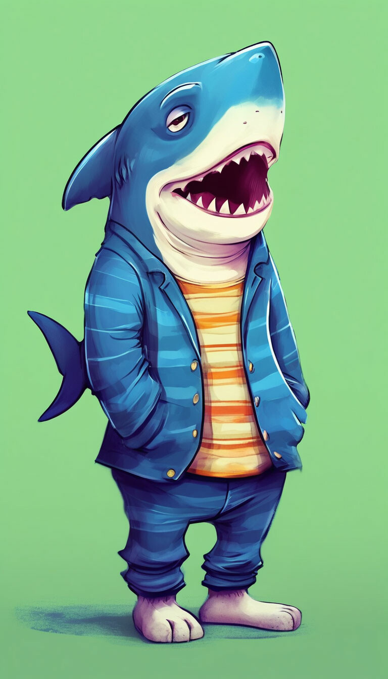 ". Cartoon shark, standing sleepy, …" — image created in Shedevrum