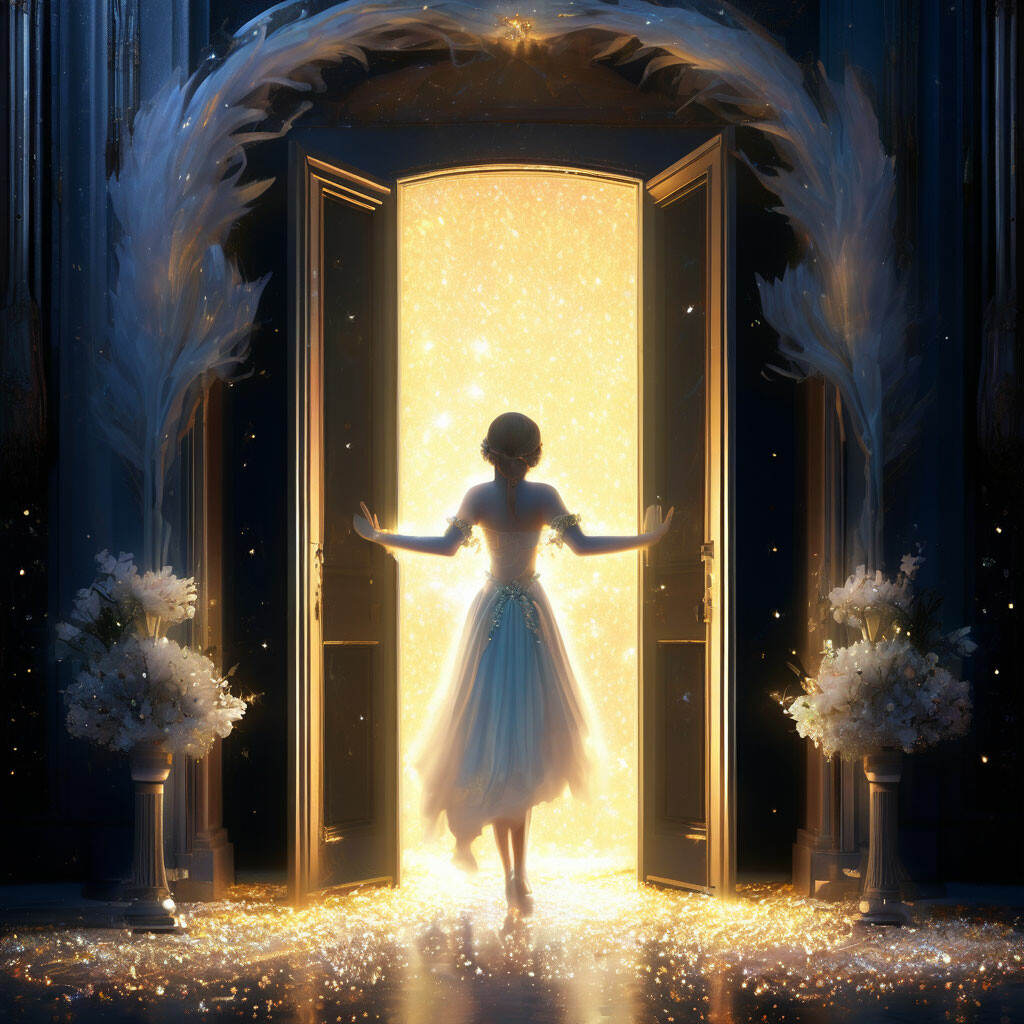 "Door, hands, opening, moon princess touches the doors, lilies, pearl ...
