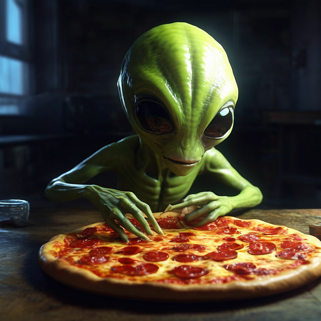 "UFO alien alien eating pizza, realistic 4k photo" — image created in ...