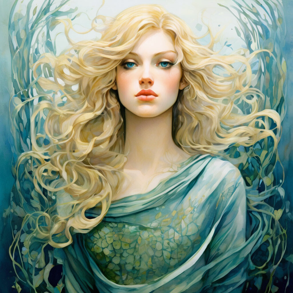"Art nouveau girl, swamp, blonde hair…" — image created in Shedevrum