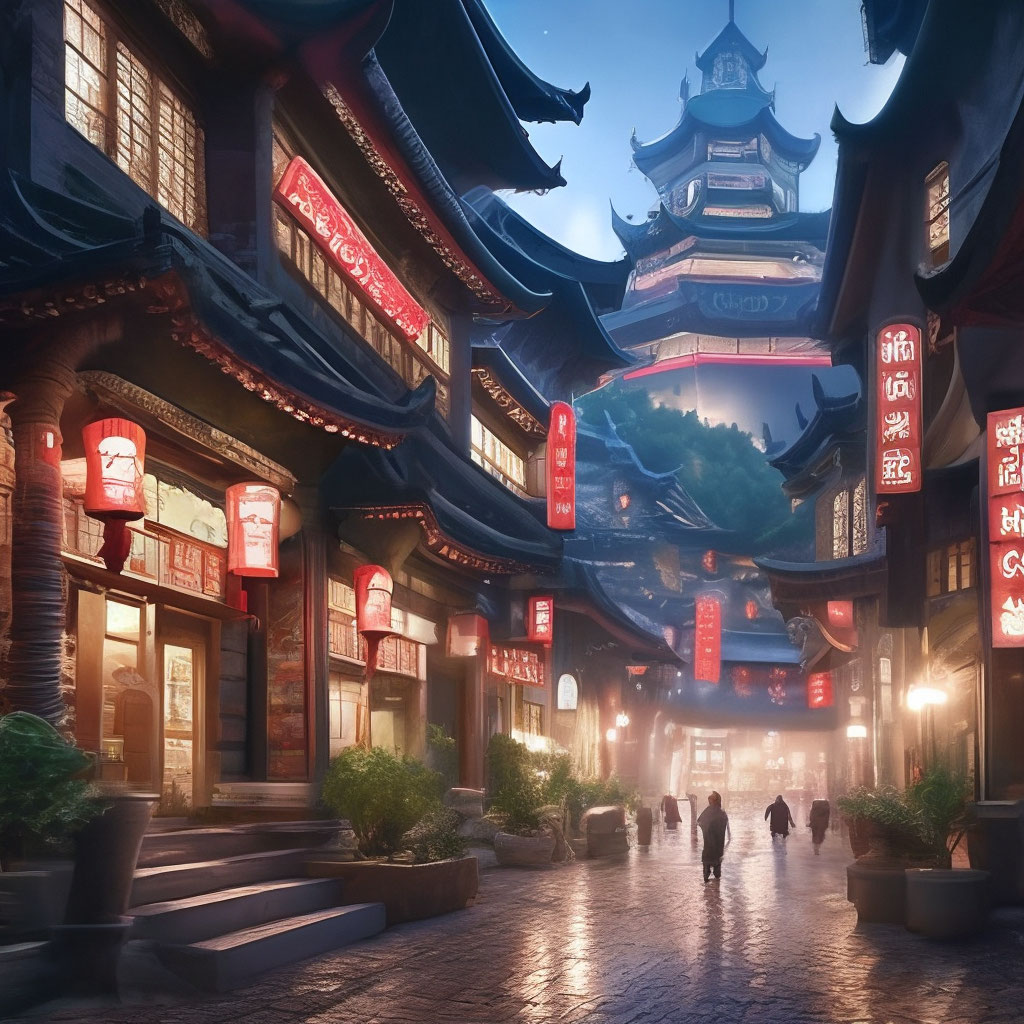 "Picturesque central street of a large prosperous Chinese city with ...