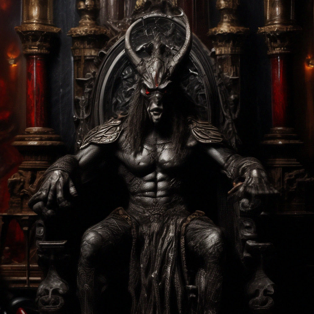 "The demon Baal and the demoness Lilith sit on a throne made of skulls ...