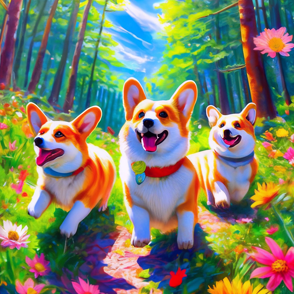 "Bright day, sun, summer forest, flowers in a clearing, 5 corgi cartoon ...